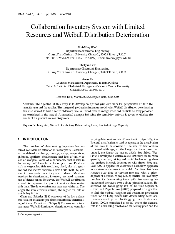 Pdf Collaboration Inventory System With Limited Resources And Weibull Distribution Deterioration