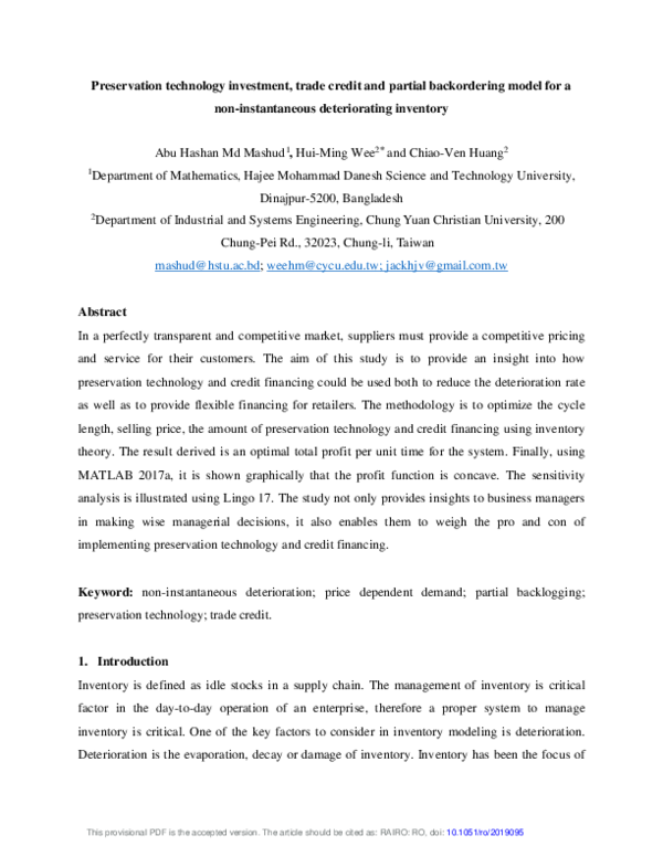 Pdf Preservation Technology Investment Trade Credit And Partial Backordering Model For A Non
