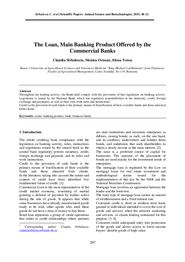 (PDF) The loan, main banking product offered by the commercial banks