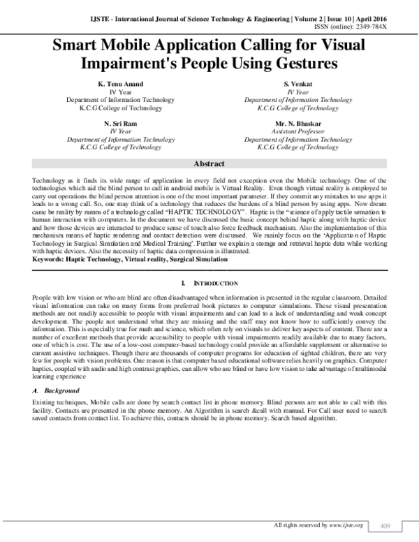 (PDF) Smart Mobile Application Calling for Visual Impairment's People using Gestures
