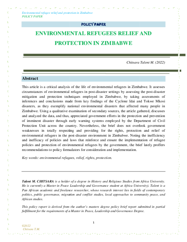 (PDF) Environmental refugee relief and protection POLICY PAPER | Talent ...