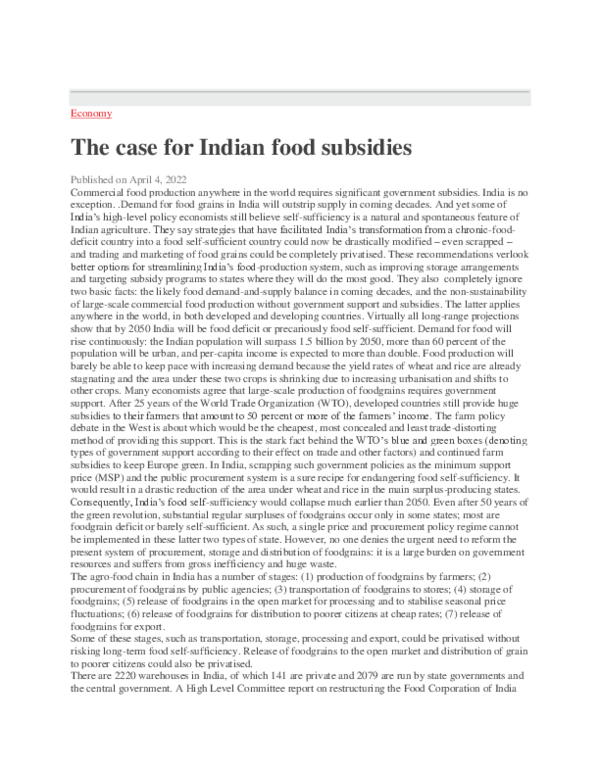 (PDF) The case for Indian food subsidies