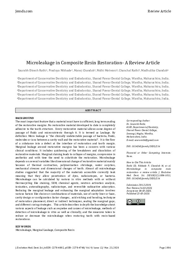 Pdf Microleakage In Composite Resin Restoration A Review Article