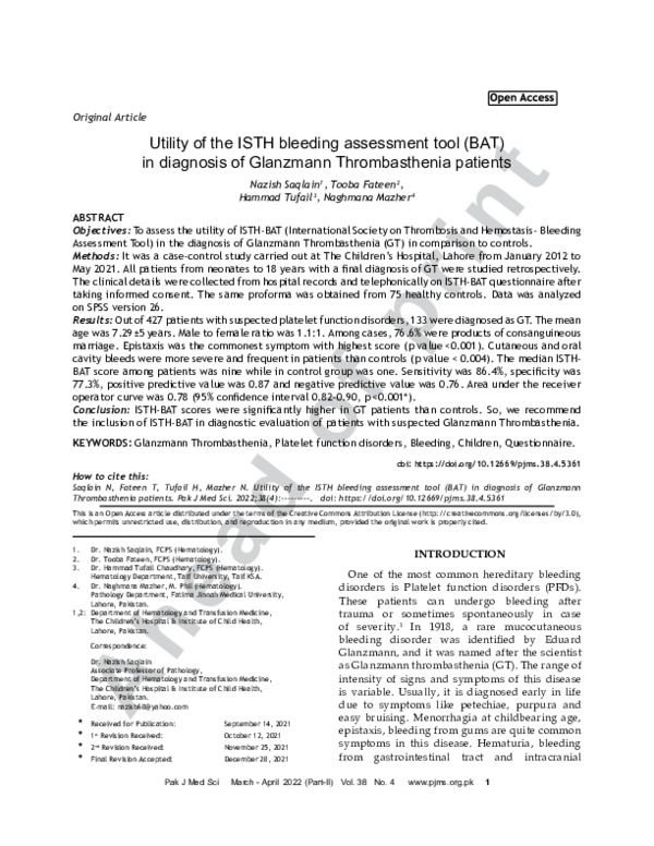 (PDF) Utility of the ISTH bleeding assessment tool (BAT) in diagnosis ...