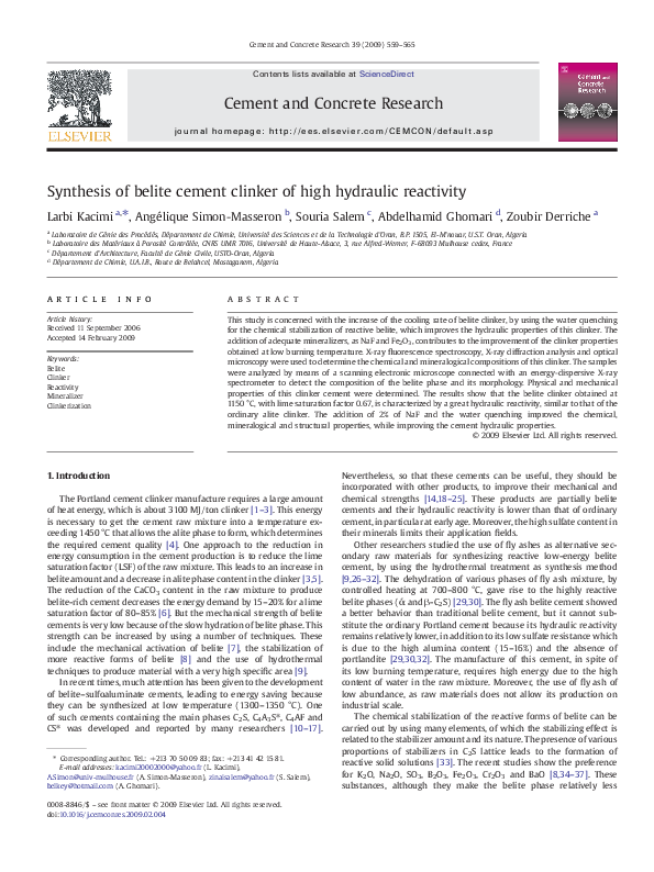 (PDF) Synthesis of belite cement clinker of high hydraulic reactivity