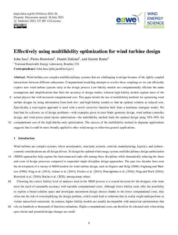 (PDF) Effectively using multifidelity optimization for wind turbine design