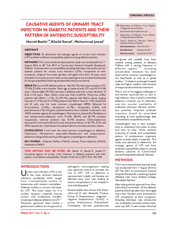 (PDF) Causative Agents of Urinary Tract Infection in Diabetic Patients and Their Pattern of ...