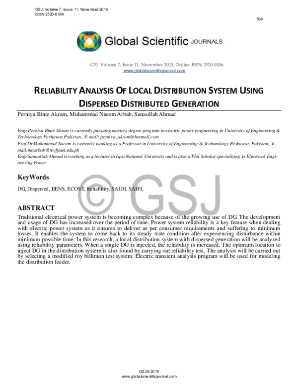 Pdf Reliability Analysis Of Local Distribution System Using Dispersed Distributed Generation
