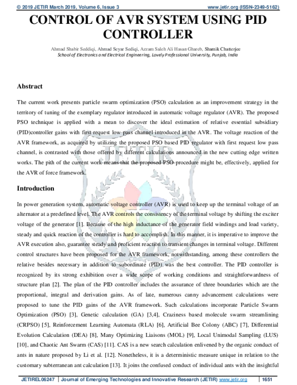 (PDF) Control of Avr System Using Pid Controller