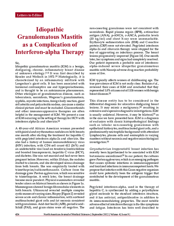 (PDF) Idiopathic Granulomatous Mastitis as a Complication of Interferon-alpha Therapy