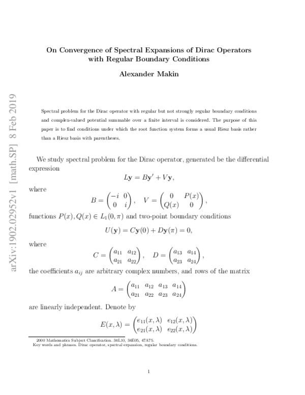 (PDF) On convergence of spectral expansions of Dirac operators with regular boundary conditions