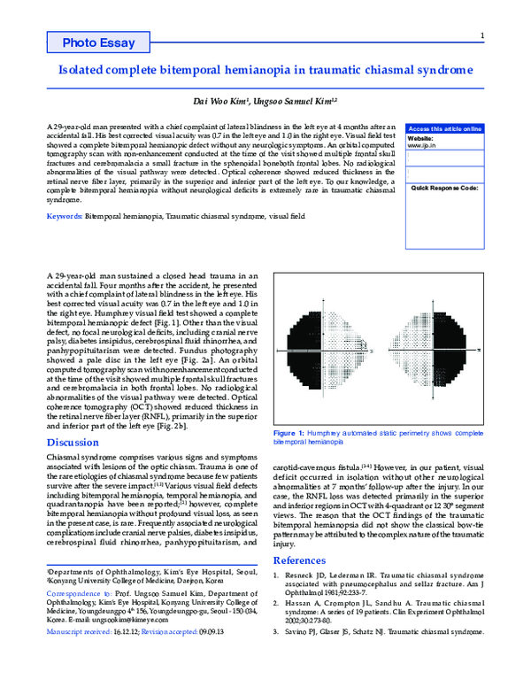 (PDF) Isolated complete bitemporal hemianopia in traumatic chiasmal ...