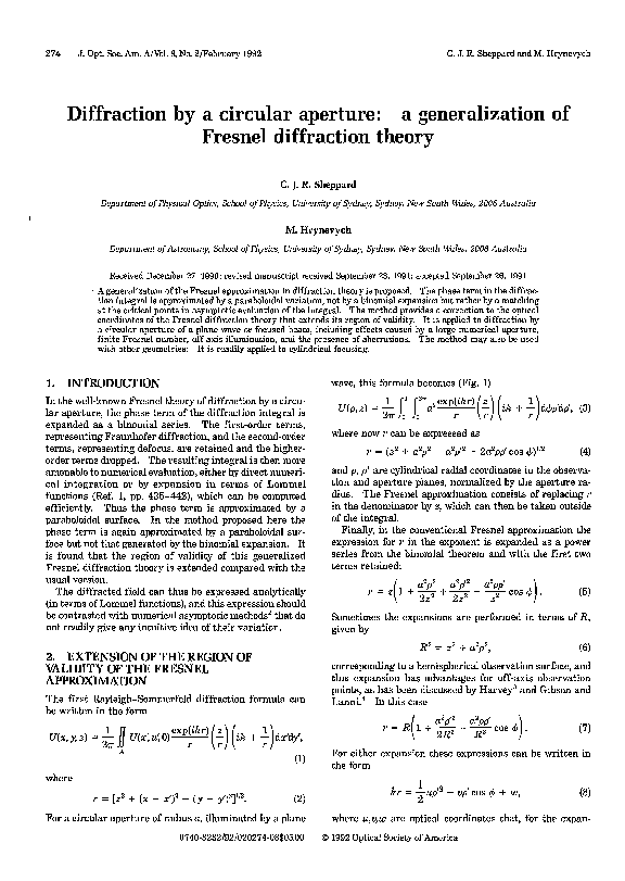 Pdf Diffraction By A Circular Aperture A Generalization Of Fresnel Diffraction Theory