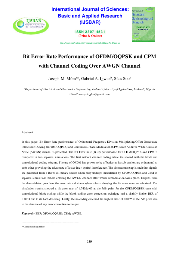 (PDF) Bit Error Rate Performance of OFDM/OQPSK and CPM with Channel ...