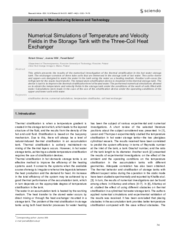 (PDF) Numerical Simulations of Temperature and Velocity Fields in the Storage Tank with the ...