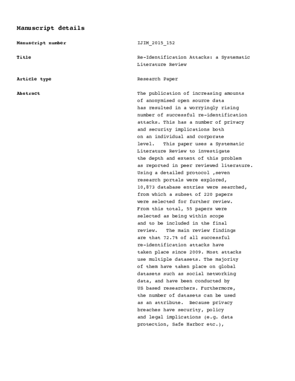 Pdf Re Identification Attacks—a Systematic Literature Review