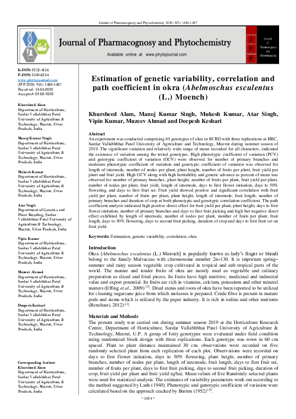 (PDF) Estimation of genetic variability, correlation and path coefficient in okra (Abelmoschus ...
