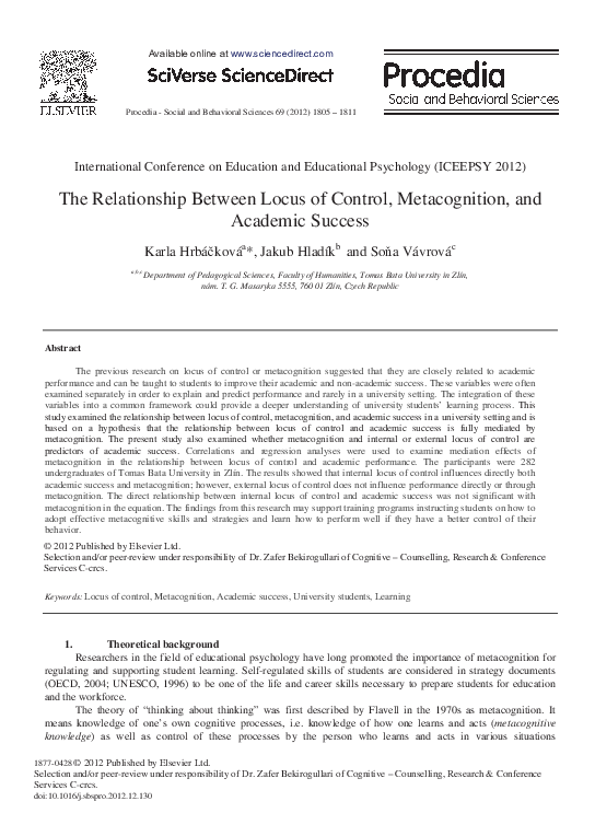 Pdf The Relationship Between Locus Of Control Metacognition And Academic Success
