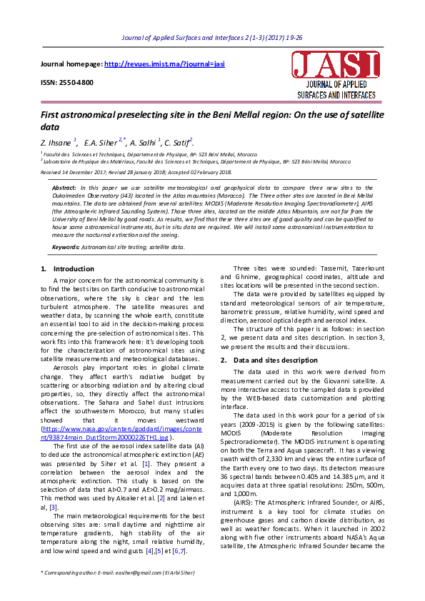 (PDF) First astronomical preselecting site in the Beni Mellal region ...