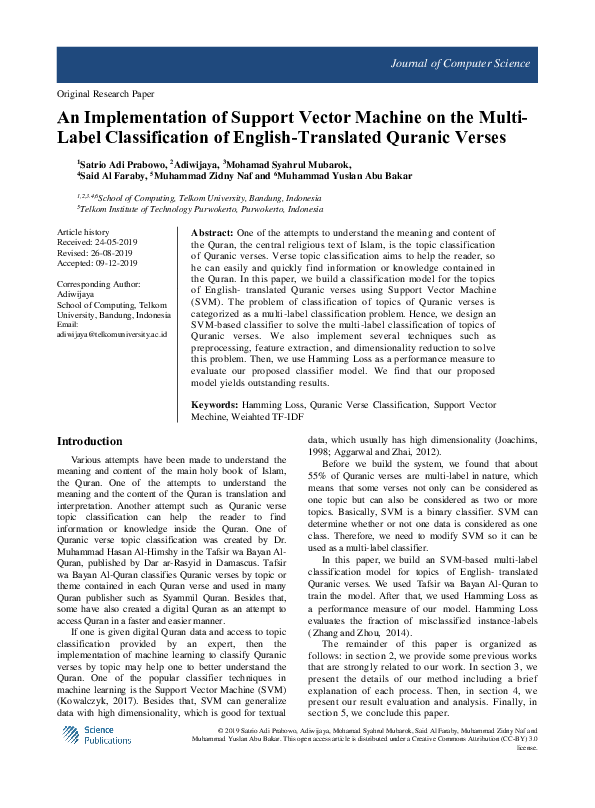 (PDF) An Implementation of Support Vector Machine on the Multi-Label Classification of English ...