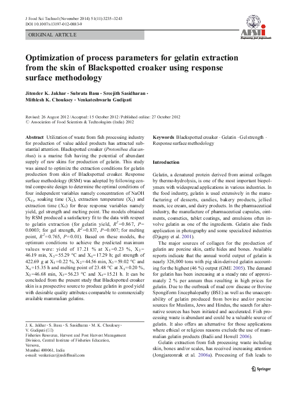 (PDF) Optimization of process parameters for gelatin extraction from the skin of Blackspotted ...