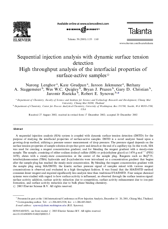 (PDF) Sequential injection analysis with dynamic surface tension detection High throughput ...
