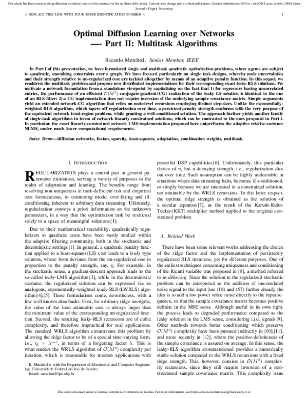 Optimal Diffusion Learning Over Network Part Ii Multitask Algorithms