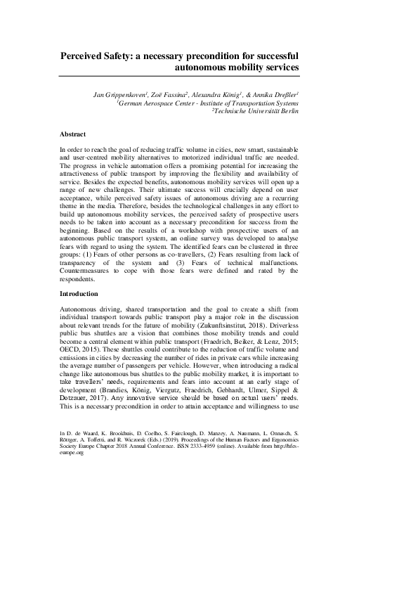 (PDF) Perceived Safety: a necessary precondition for successful ...