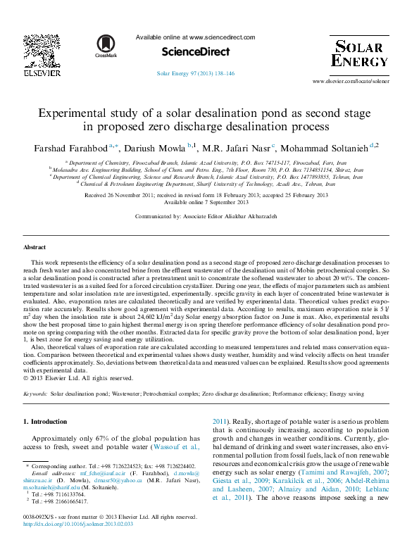 (PDF) Experimental study of a solar desalination pond as second stage ...