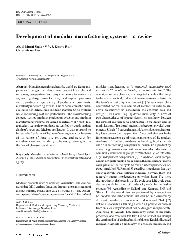 (PDF) Development of modular manufacturing systems—a review