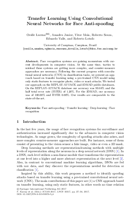 (PDF) Transfer Learning Using Convolutional Neural Networks for Face Anti-spoofing