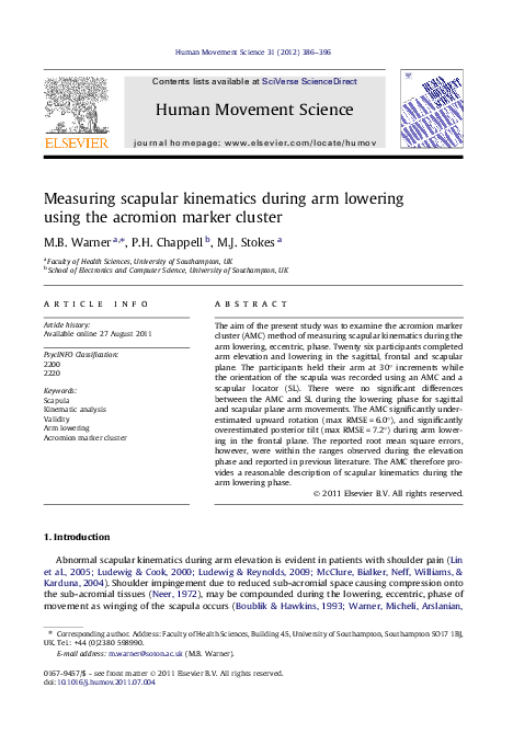 Pdf Measuring Scapular Kinematics During Arm Lowering Using The