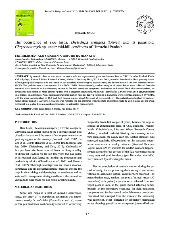 (PDF) The occurrence of rice hispa, Dicladispa armigera (Oliver) and ...
