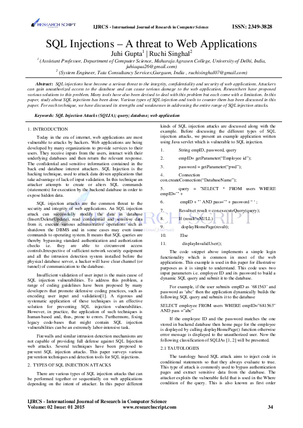 (PDF) SQL Injections-A threat to Web Applications