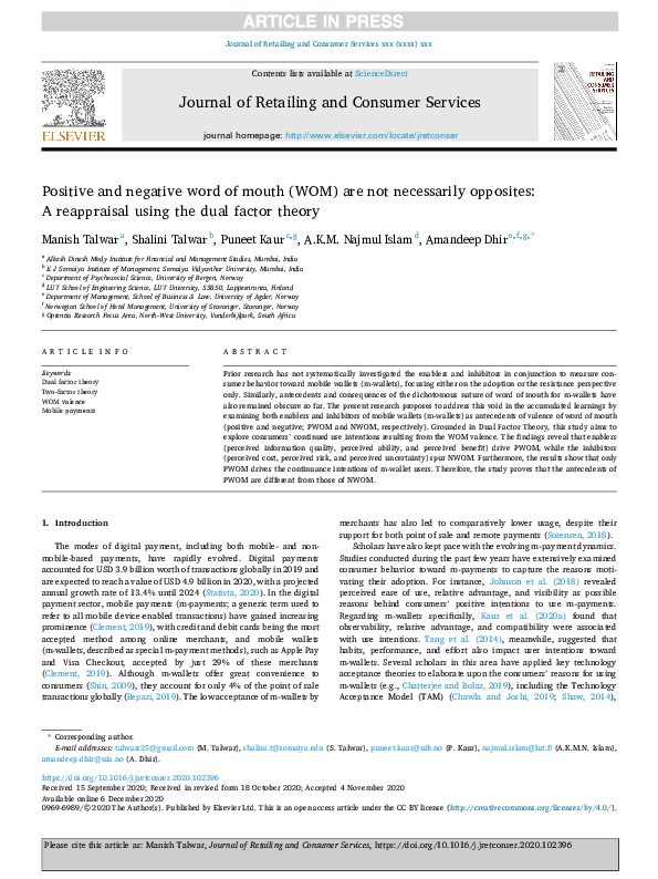 (PDF) Positive and negative word of mouth (WOM) are not necessarily ...
