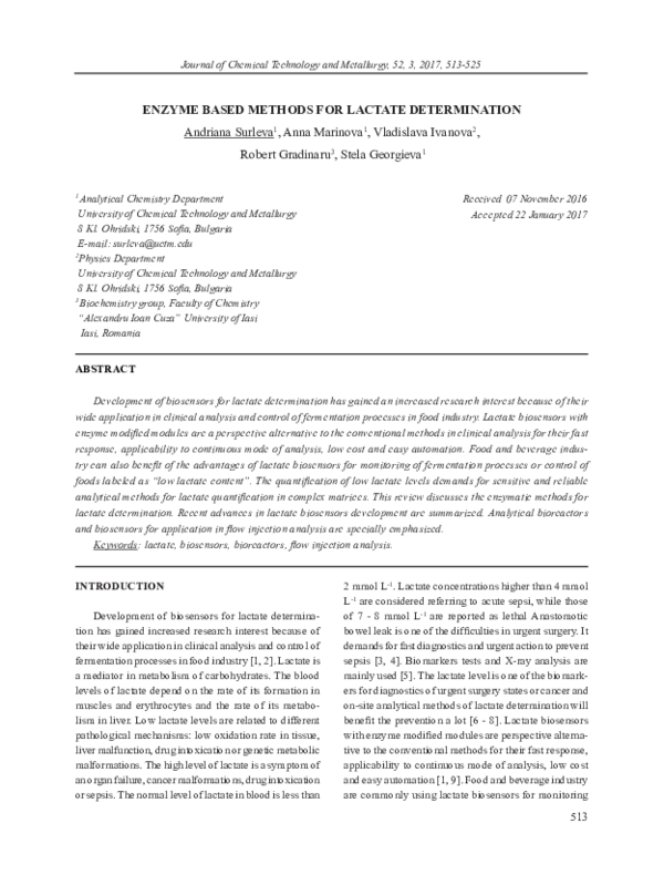 (PDF) Enzyme Based Methods for Lactate Determination