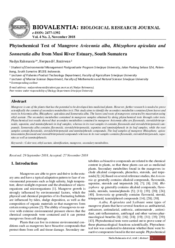(PDF) Phytochemical Test of Mangrove Avicennia alba, Rhizopora ...