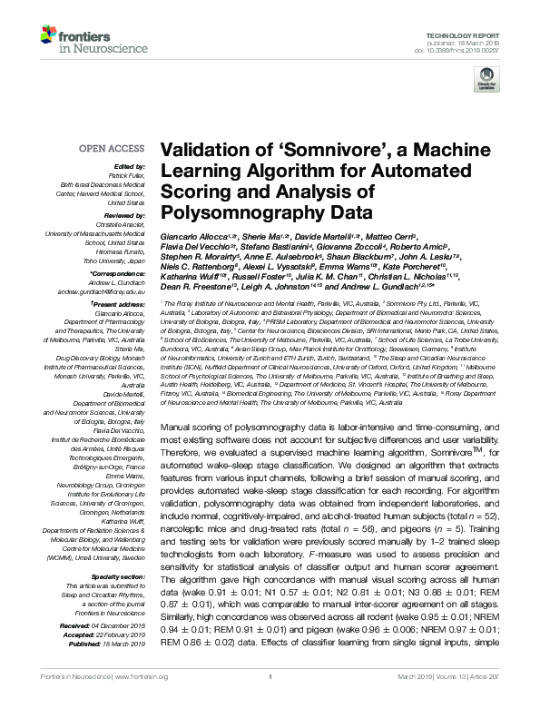 (PDF) Validation of ‘Somnivore’, a Machine Learning Algorithm for Automated Scoring and Analysis ...