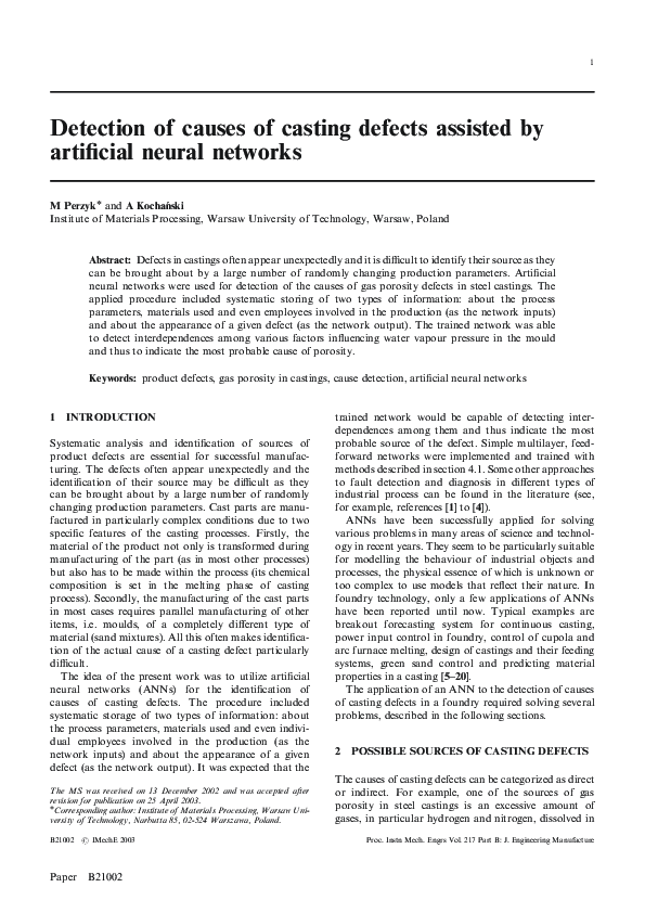 Pdf Detection Of Causes Of Casting Defects Assisted By Artificial Neural Networks