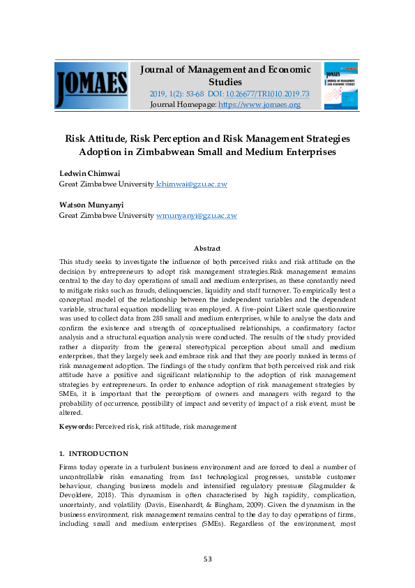 (PDF) Risk Attitude, Risk Perception and Risk Management Strategies Adoption in Zimbabwean Small ...