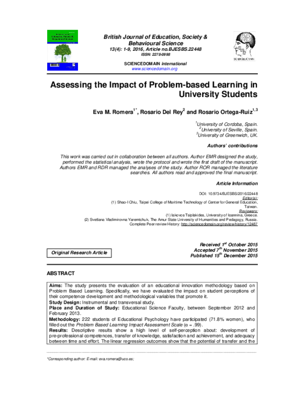 (PDF) Assessing the Impact of Problem-based Learning in University Students (PDF) Assessing the Impact of Problem-based Learning in University Students