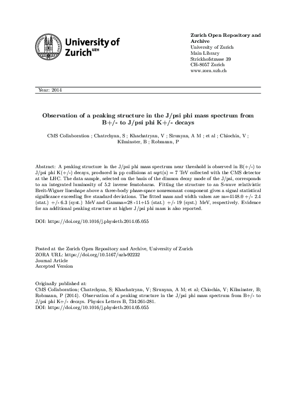 (PDF) Observation of a peaking structure in the J/psi phi mass spectrum from B-+/- -> J/psi phi ...