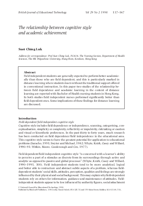 (PDF) The relationship between cognitive style and academic achievement