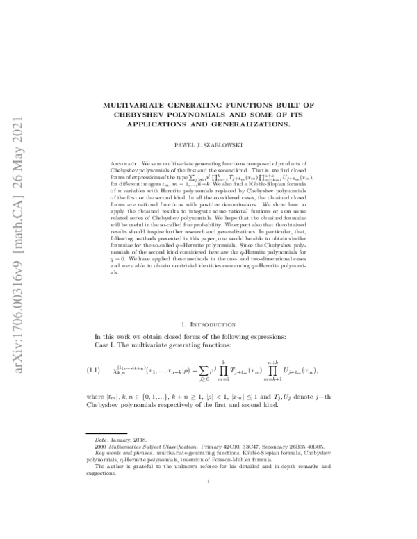 Pdf Multivariate Generating Functions Built Of Chebyshev Polynomials And Some Of Its 3182