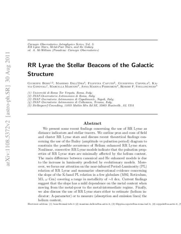 (PDF) RR Lyrae the Stellar Beacons of the Galactic Structure