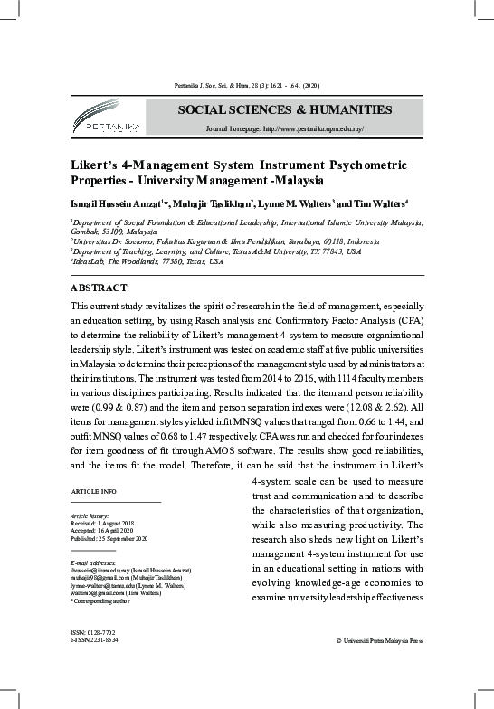 (PDF) Likert’s 4-Management System Instrument Psychometric Properties ...