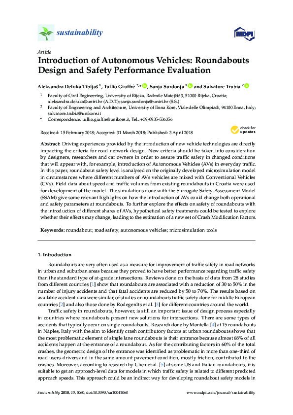 Pdf Introduction Of Autonomous Vehicles Roundabouts Design And Safety Performance Evaluation