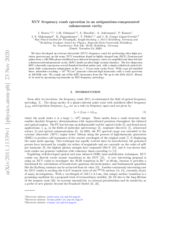 (PDF) XUV frequency comb production with an astigmatism-compensated ...