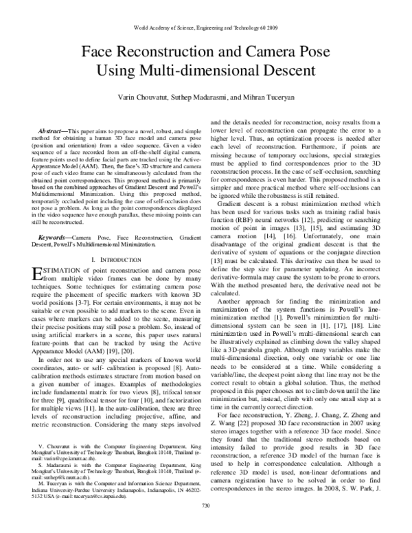Pdf Face Reconstruction And Camera Pose Using Multi Dimensional Descent