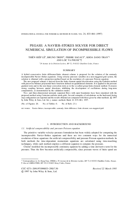 (PDF) Pegase: A Navier-Stokes Solver for Direct Numerical Simulation of ...